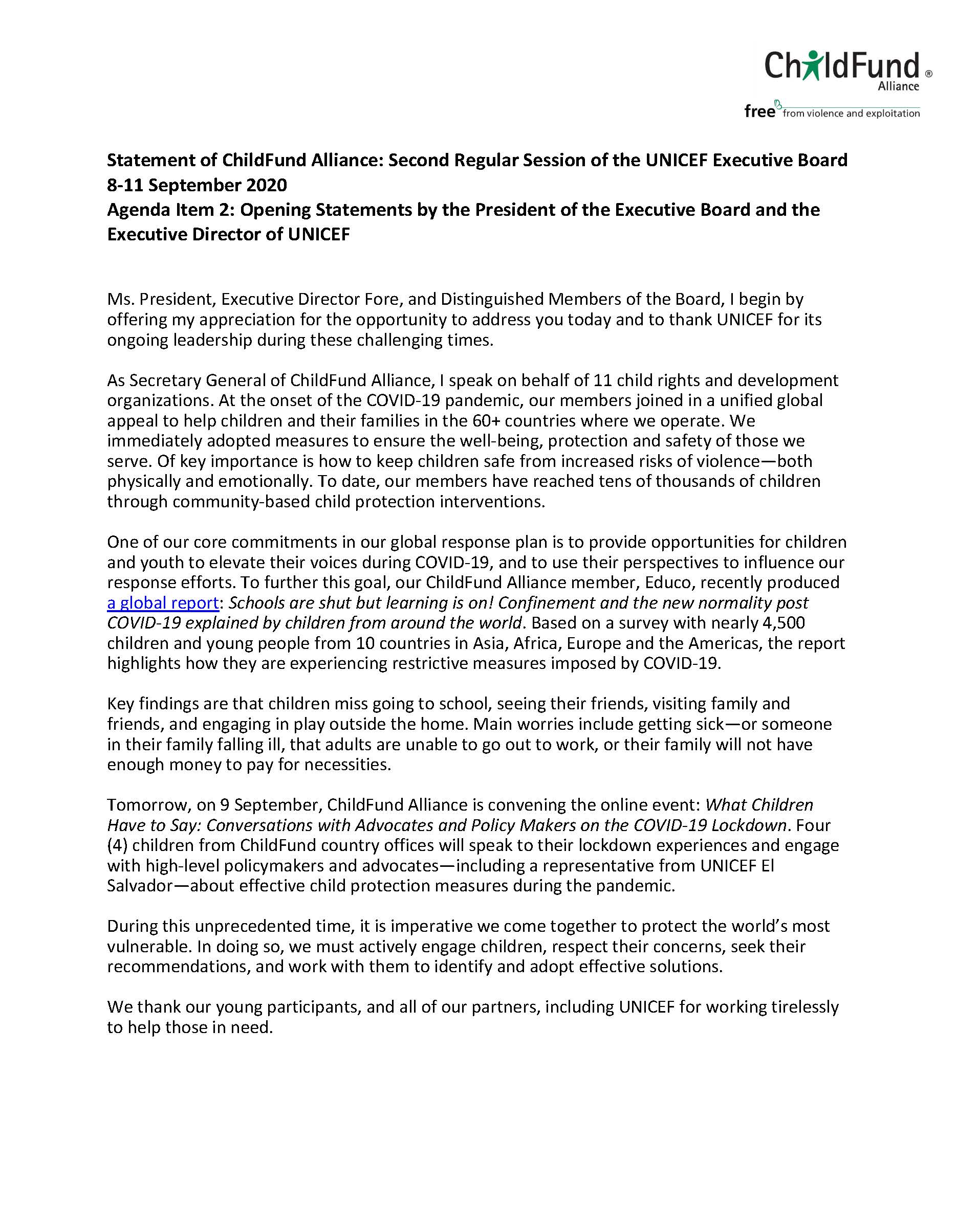 Public Statements - ChildFund Alliance