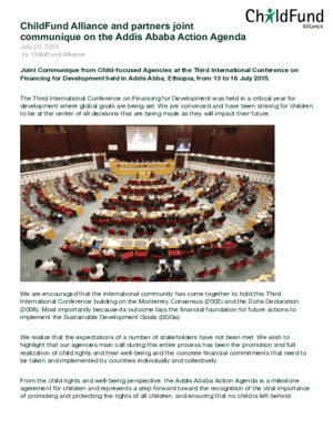 Joint Communiqué: The Addis Ababa Action Agenda - ChildFund Alliance