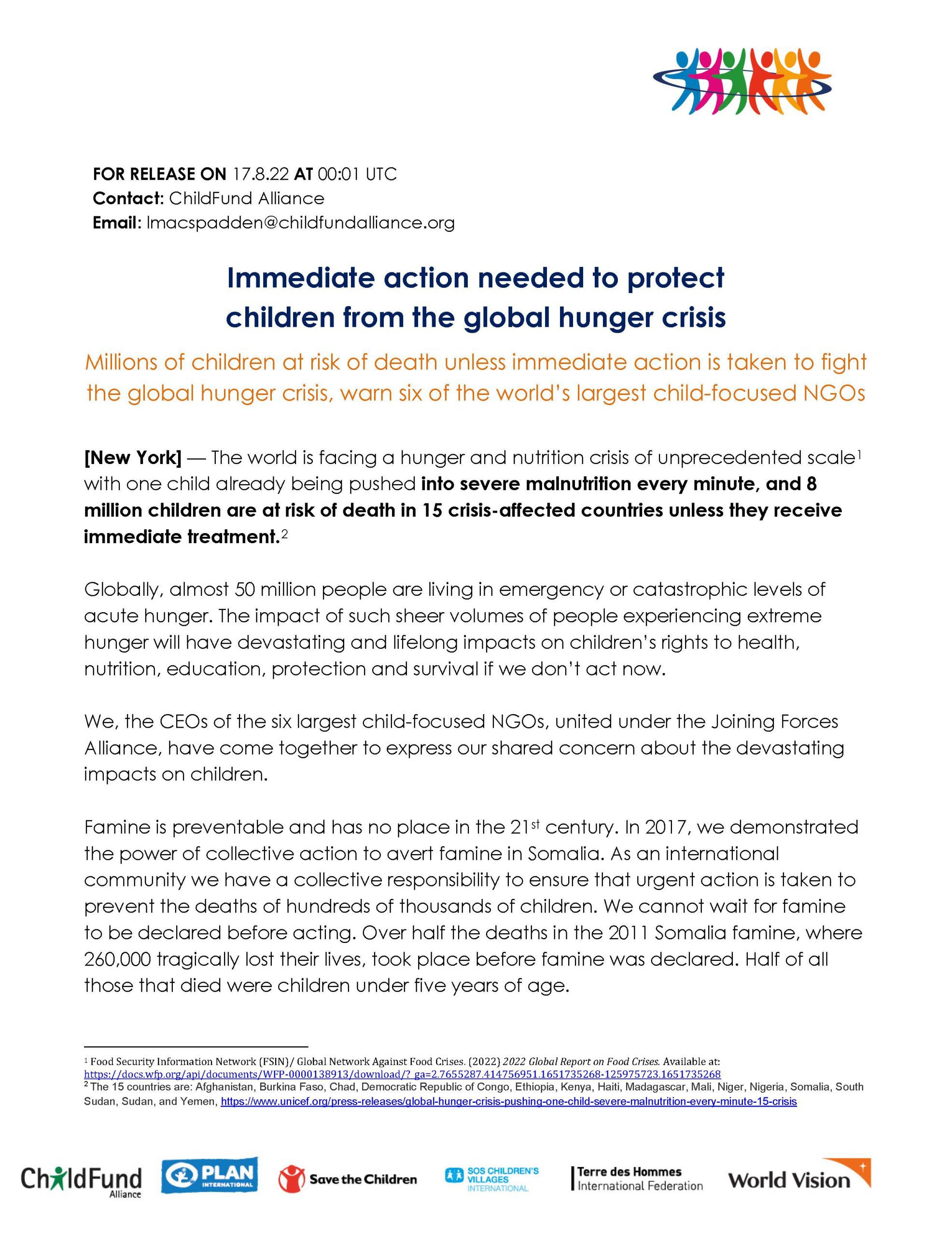 Immediate action needed to protect children from the global hunger ...