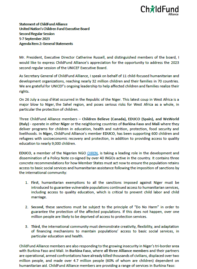 Statement of ChildFund Alliance to the UNICEF Executive Board ...