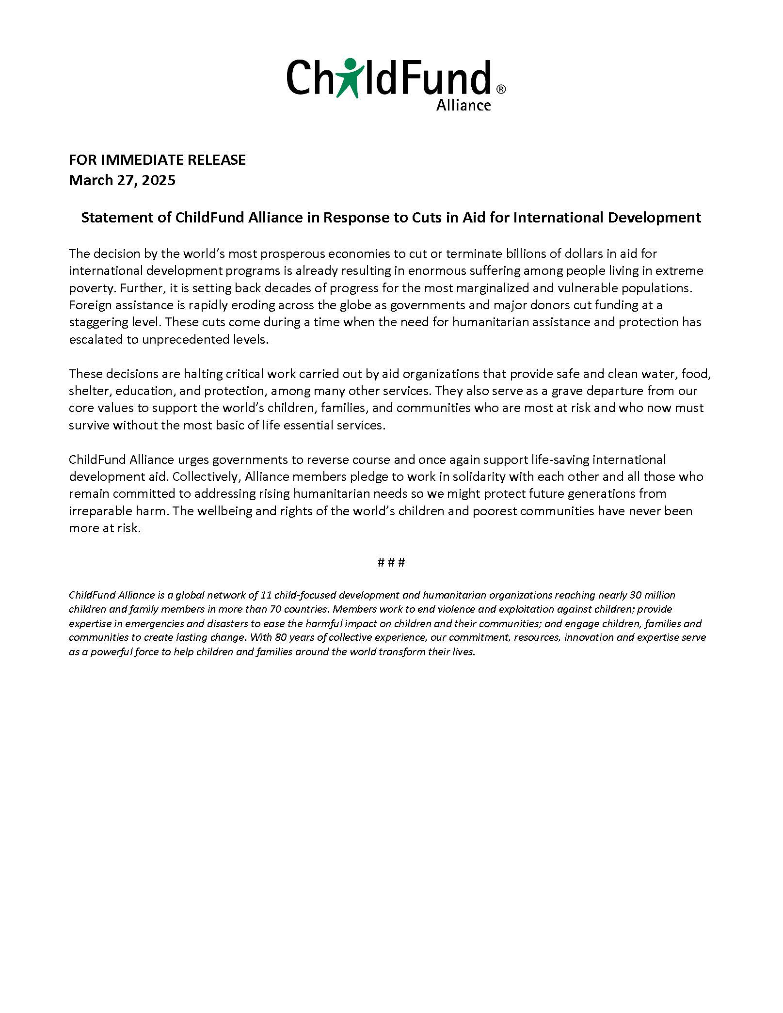 Statement of ChildFund Alliance on International Development Aid Cuts ...